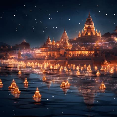 Captivating Diwali Night Ayodhya Temple By The River Aglow With