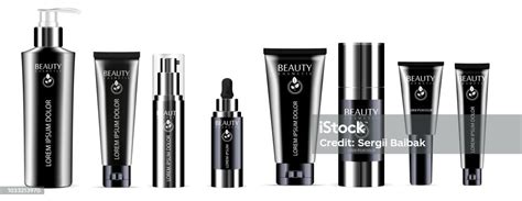 럭셔리 블랙 8 Pc 화장품 병 세트 디스펜서 스포이드 크림 튜브 방 취 제 벡터 화장품 이랑 패키지 디자인입니다 샘플 라벨 및 로고 포함 샴푸에 대한 스톡 벡터 아트 및