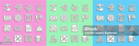 3d 프린터 Isometric 큐브 스캐너 인쇄 하우스 산업 설정 그래프 페이퍼 엔지니어링 닭 다리 및 아이콘에 대한 세트 필라멘트 를 설정합니다 벡터 3차원 형태에 대한