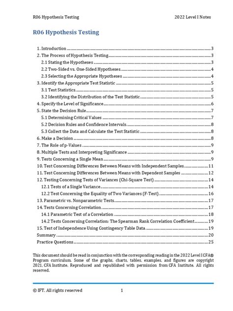Ift Notes R06 Hypothesis Testing Download Free Pdf Statistical Hypothesis Testing