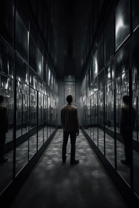 Ai Generated Illustration Of A Man Standing In A Long Hallway Adorned With Mirrored Walls Stock