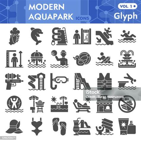 아쿠아파크 솔리드 아이콘 세트 수영장 기호 컬렉션 또는 스케치 웹 및 앱용 워터 파크 글리프 스타일 표지판 흰색 배경에서 격리된