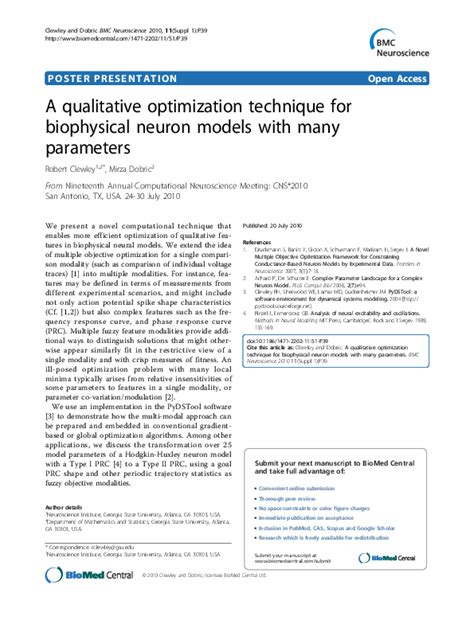 Pdf A Qualitative Optimization Technique For Biophysical Neuron Models With Many Parameters