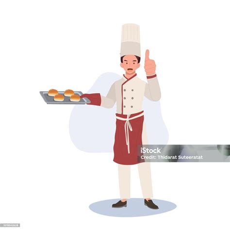 엄지손가락을 치켜세우는 전체 길이의 웃는 남성 요리사 캐릭터 승인 제스처를 제공하는 요리사 플랫 벡터 만화 그림 긍정적인 감정 표현에 대한 스톡 벡터 아트 및 기타 이미지