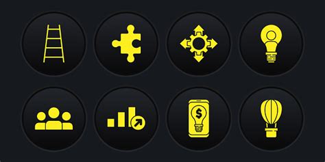 설정 사용자 그룹 램프 전구와 머리 금융 성장 모바일에 가벼운 달러 프로젝트 팀 베이스 퍼즐조각 열기구와 계단 마무리 플래그 아이콘 벡터 개념에 대한 스톡 벡터 아트 및