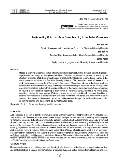 Pdf Implementing Quizizz As Game Based Learning In The Arabic Classroom