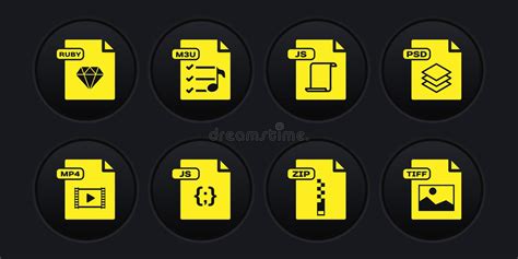 Set MP4 File Document PSD JS ZIP M3U TIFF And RUBY Icon Vector