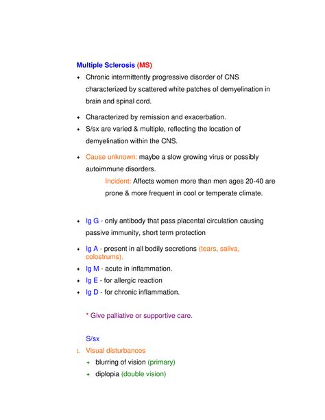 Multiple Sclerosis Summary Multiple Sclerosis Ms Chronic