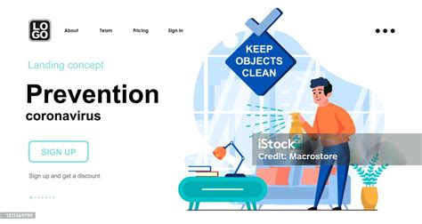 방지 코로나바이러스 웹 개념 남자는 집에서 소독 스프레이를 사용하여 개체를 깨끗하게 유지합니다 사용자 장면의 템플릿입니다 웹 사이트에 대한 평면 디자인에서 캐릭터 활동이있는