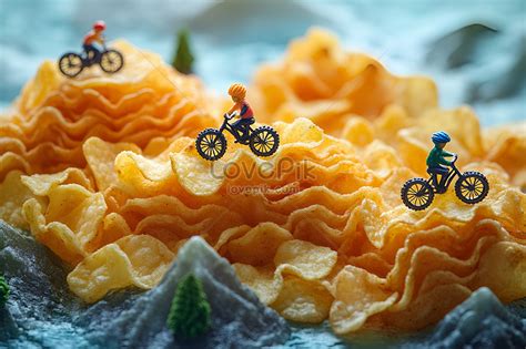 감자 칩을 타는 만화 작은 남자