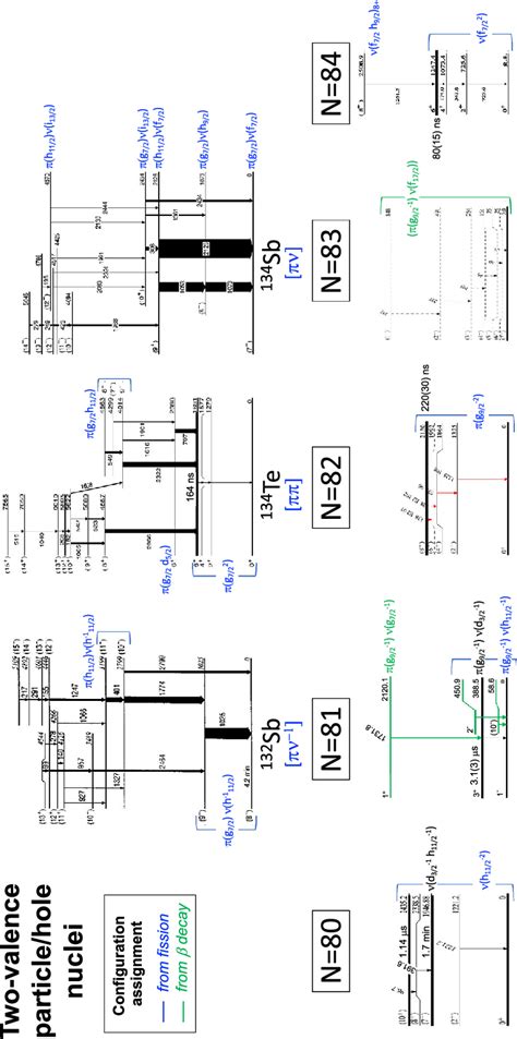 partial level schemes of two valence particle hole nuclei around doubly