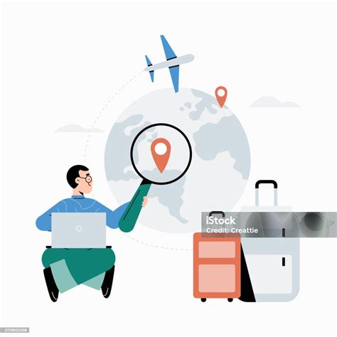 여행 계획 탐색 및 모험을 상징하는 평면 벡터 일러스트 레이 션에서 세계지도에 돋보기를 사용하여 짐을 가진 남성 여행자 흰색 배경에 고립되어 있습니다 개념에 대한 스톡 벡터