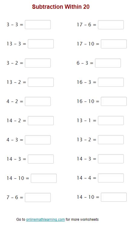 Subtraction Within 20 Worksheets First Grade Printable