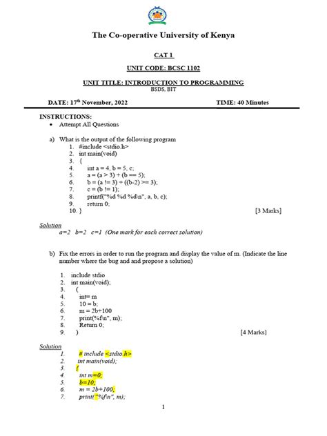 Bcse 1102 Introduction To Programming Cat G1 Marking Scheme Pdf Computer Programming Computing