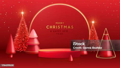 휴일 크리스마스 쇼케이스 Redbackground 와 3d 연단 크리스마스 트리 네온 아치 추상적인 최소한의 장면입니다 벡터 일러스트 레이 션 잡지 표지에 대한 스톡 벡터