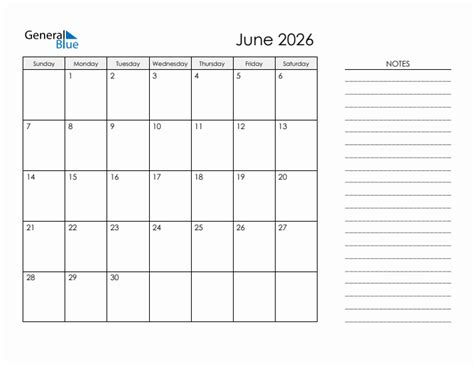 Printable Monthly Calendar With Notes June 2026