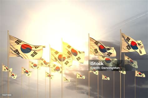 많은 대한민국 의 국기에 대 한 무료 장소와 일몰 행에 플래그어떤 행사 국기 3d 일러스트 기에 대한 스톡 사진 및 기타 이미지 Istock