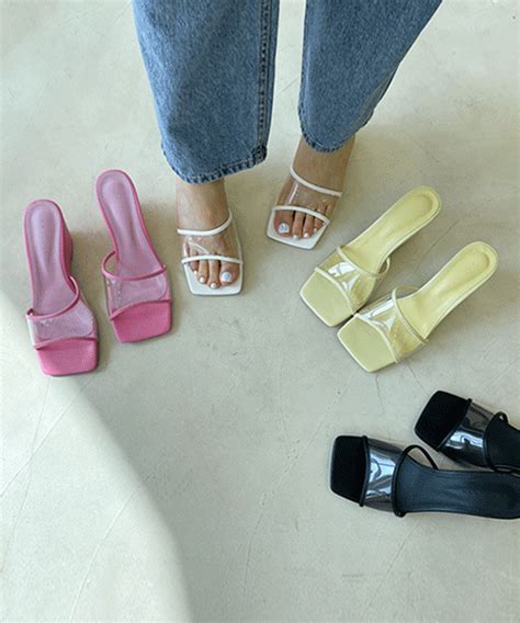 오픈토 클리어 투명 스퀘어토 웨지힐 웨지샌들 미들힐 뮬 슬리퍼 7cm 4color