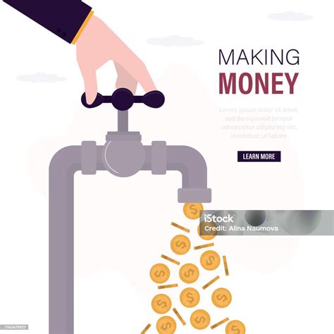 현금 흐름 비즈니스 이익 만들기 랜딩 페이지 템플릿 투자로 인한 수익 배당금 지급 수동 소득 사업가가 손을 열고 탭하면 달러 동전이 파이프에서 떨어집니다 금 금속에 대한