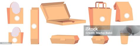 음식 상자 상자 가방 컵 패스트 푸드 카페 식사 롤 피자를위한 테이크 아웃 종이 패키지 벡터 컬렉션 일러스트 레이 션 상자에