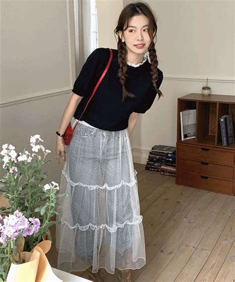 허니퓨어 봄신상🌷레이어드템 프리아 프릴 레이스 캉캉 시스루 플레어 롱 스커트