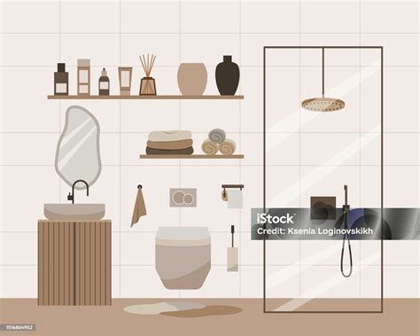 최소한의 스칸디나비아 스타일 벡터 그림에 있는 욕실 보헤미안 휘게 라이프스타일 화장실 가정용 시설에 대한 스톡 벡터 아트 및 기타 이미지 화장실 가정용 시설 우아