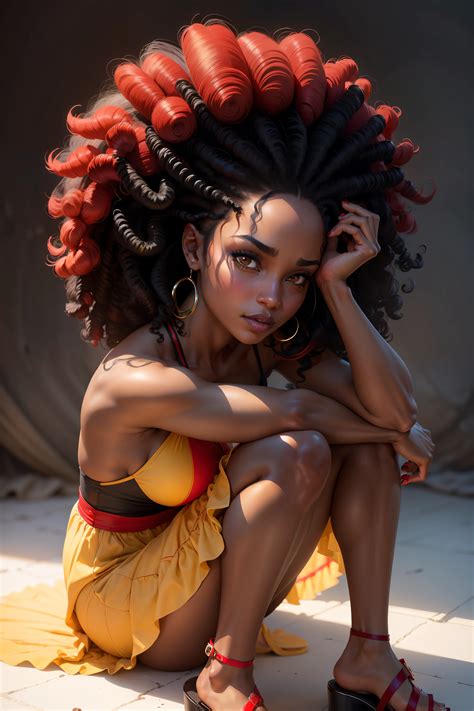 붉은 머리카락과 큰 후프를 한 여성이 바닥에 앉아 있다 Seaart Ai