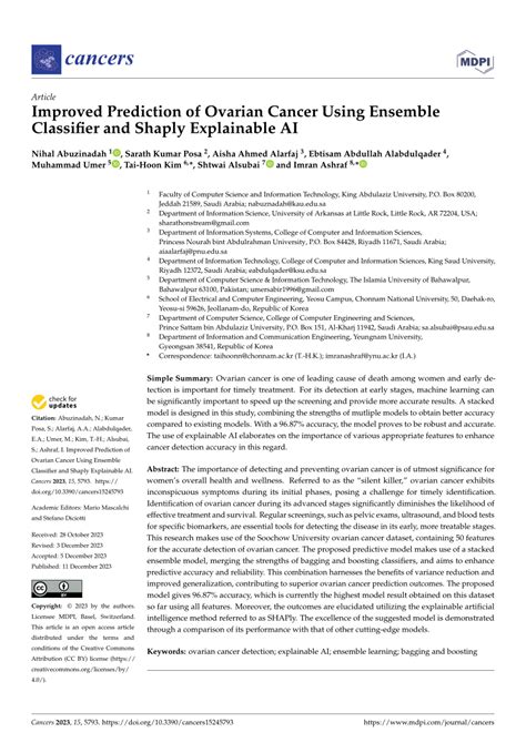 Pdf Improved Prediction Of Ovarian Cancer Using Ensemble Classifier And Shaply Explainable Ai