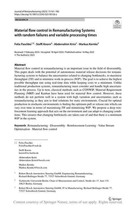 Pdf Material Flow Control In Remanufacturing Systems With Random