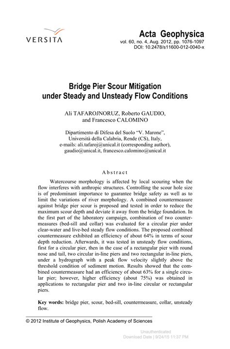 Pdf Bridge Pier Scour Mitigation Under Steady And Unsteady Flow Conditions