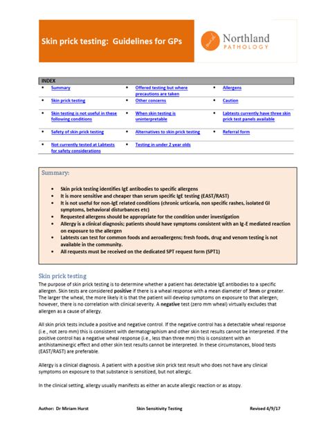 Skin Prick Testing Guide For Gps Npl Pdf Allergy Allergen