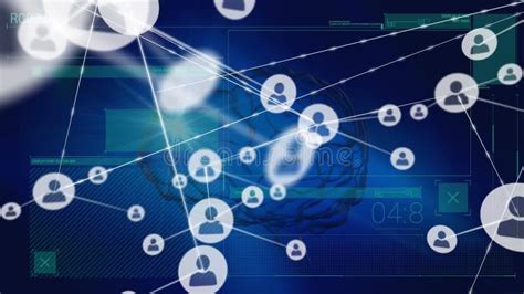 Animation Of Network Of Profile Icons Over Human Brain And Data Processing Against Blue