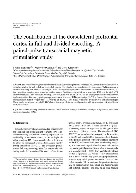 Pdf The Contribution Of The Dorsolateral Prefrontal Cortex In Full