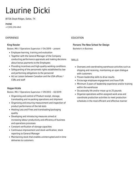 Operations Supervisor Resume Samples Velvet Jobs