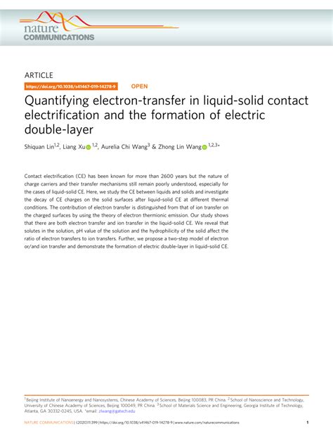 Pdf Quantifying Electron Transfer In Liquid Solid Contact Electrification And The Formation Of