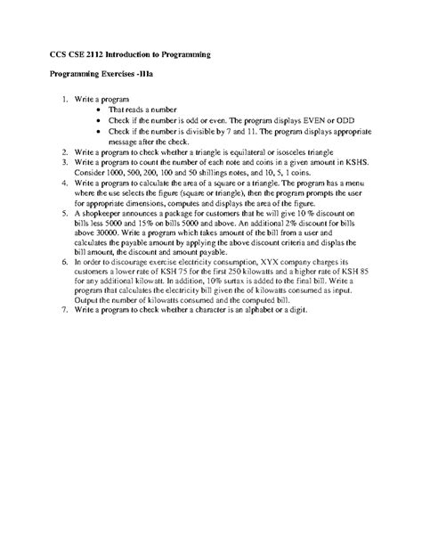 Exercise 3a C Programming Ccs Cse 2112 Introduction To Programming Programming Exercises