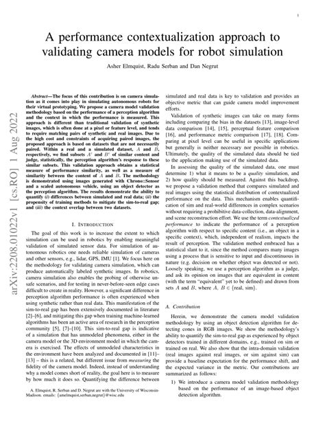 Pdf A Performance Contextualization Approach To Validating Camera Models For Robot Simulation