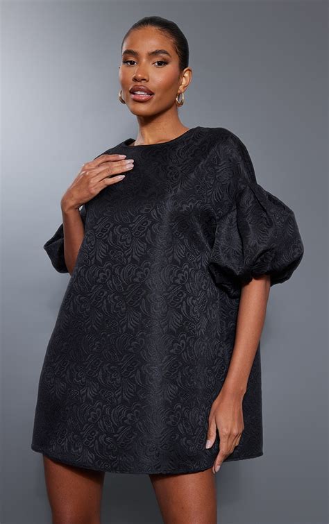 Black Textured Jaquard Puff Sleeve Smock Dress Dresses Prettylittlething Aus