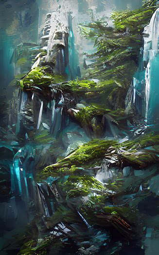 판타지 셀틱 포레스트 피 묻은 폭포 혼합 추상 적 스타일의 예술 초현실적 인 유화 브러시로 그리기 바위에 녹색 잔디 아트웍 스케치입니다 게임 배경 책 표지 및 포스터