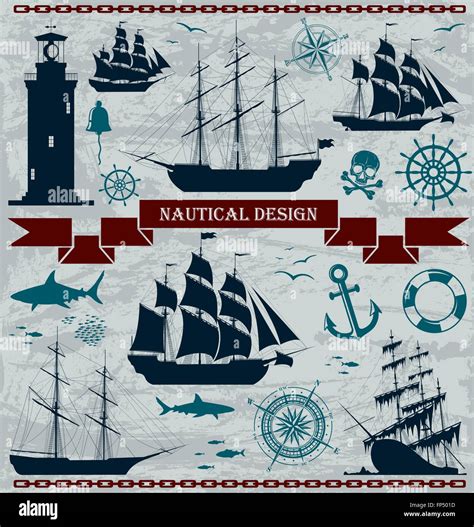 Set Of Sailing Ships With Nautical Design Elements Stock Vector Image