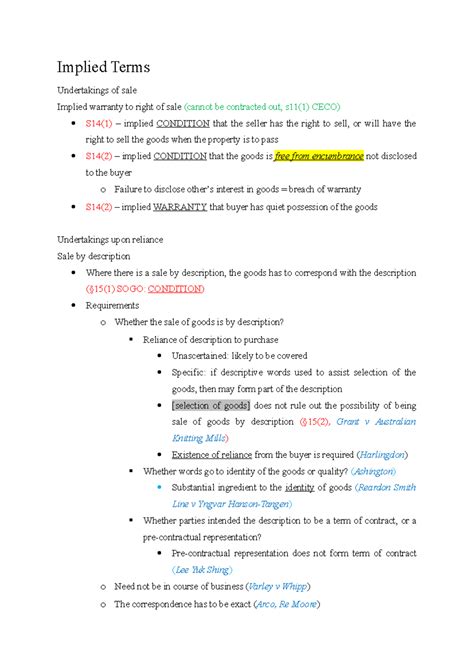 4 implied terms notes implied terms undertakings of sale implied