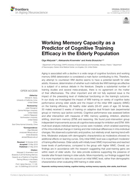 Pdf Working Memory Capacity As A Predictor Of Cognitive Training Efficacy In The Elderly