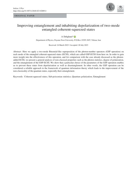 Pdf Improving Entanglement And Inhabiting Depolarization Of Two Mode Entangled Coherent