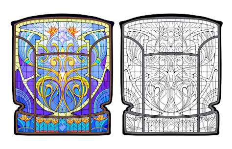 색칠을 위한 다채롭고 흑백 템플릿 아르 데코 스테인드 글라스 창문의 판타지 그림 프랑스 건축 어린이와 성인을 위한 색칠 공부 워크시트 벡터 이미지입니다 0명에 대한 스톡