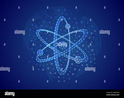 Atom 3d Low Poly Symbol With Blue World Map Background Atomic Neutron