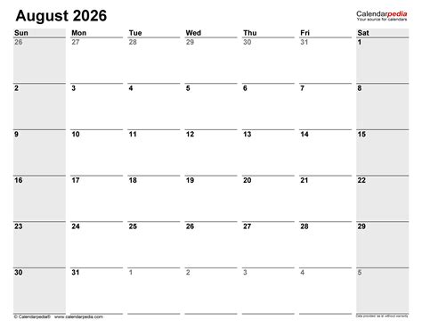 August 2026 Calendar 12 Free Printable Word Templates