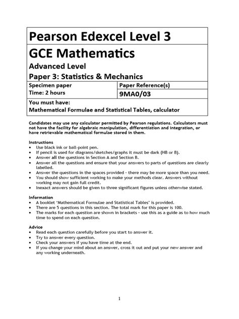 Specimen Edexcel A2 Statsmech Qp Pdf Statistics Mathematics