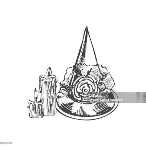 할로윈은 모자 촛불 랜턴이 흰색 배경에 분리되어 있다 손으로 그린 벡터 스케치 낙서 그래픽 그림 할로윈 파티 휴일 천 인쇄 아이콘 로고 종이 장식 10월에 대한 스톡 벡터