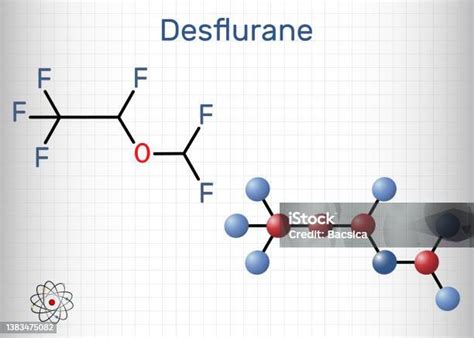 데스플루란 분자 그것은 유기 루오린 화합물 흡입 마취 구조적 화학 적 포뮬러 및 분자 모델 케이지에 종이 시트 0명에 대한 스톡