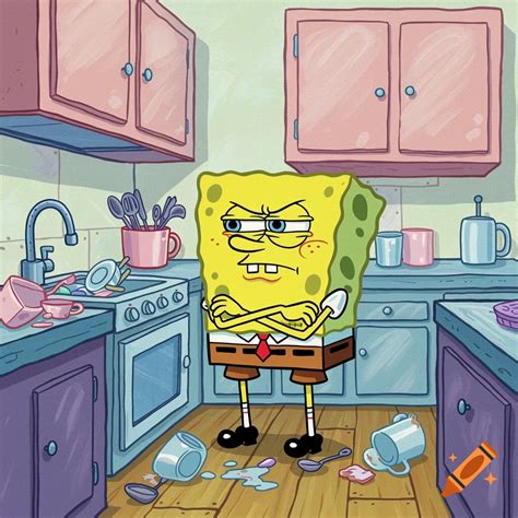 Spongebob Squarepants Stands In A Messy Kitchen With A Frustrated Expression Arms Crossed On